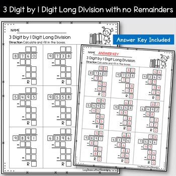 3 Digit By 1 Digit Division Long Division With No Remainders Worksheets