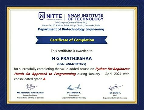 completed python for beginners course n g prathikshaa posted on the topic linkedin