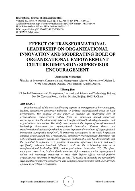 Pdf Effect Of Transformational Leadership On Organizational
