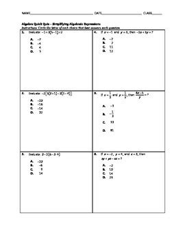 Algebra Quick Quiz Simplifying Algebraic Expressions TPT