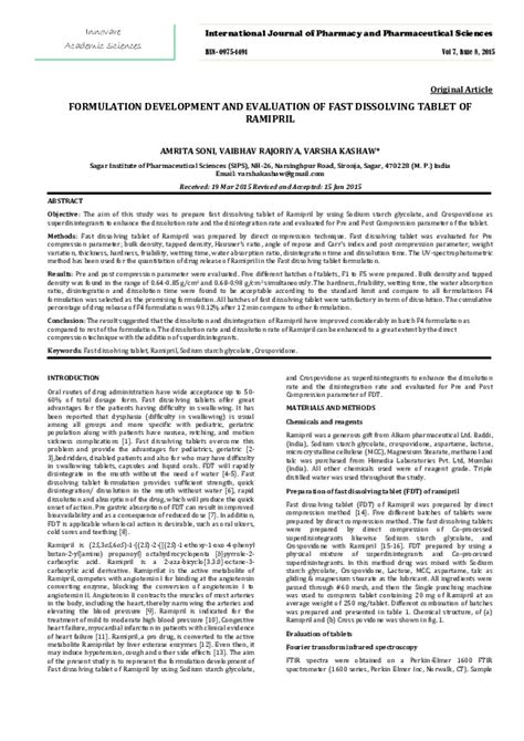 Pdf Formulation Development And Evaluation Of Fast Dissolving Tablet Of Ramipril Original Article