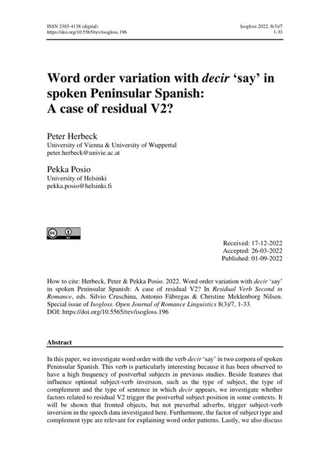 Pdf Word Order Variation With Decir ‘say In Spoken Peninsular