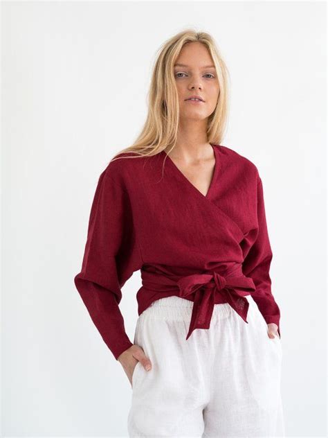 Linen Wrap Top Long Sleeve Tie Front Blouse June Etsy Linen Wrap