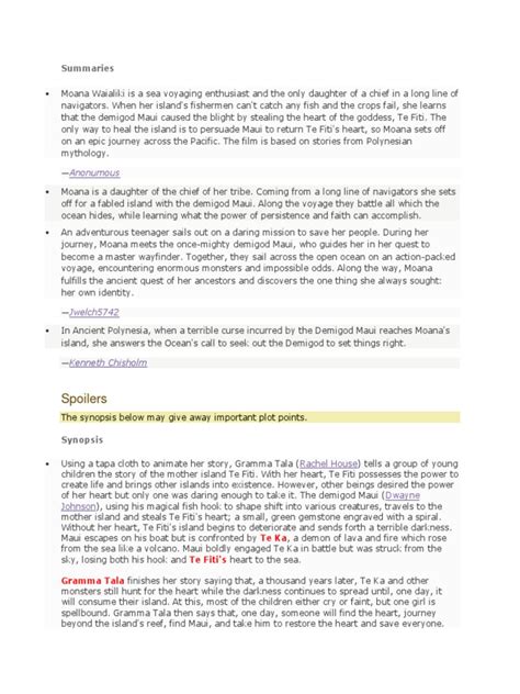 Moana Summary Pdf Moana 2016 Film Nature