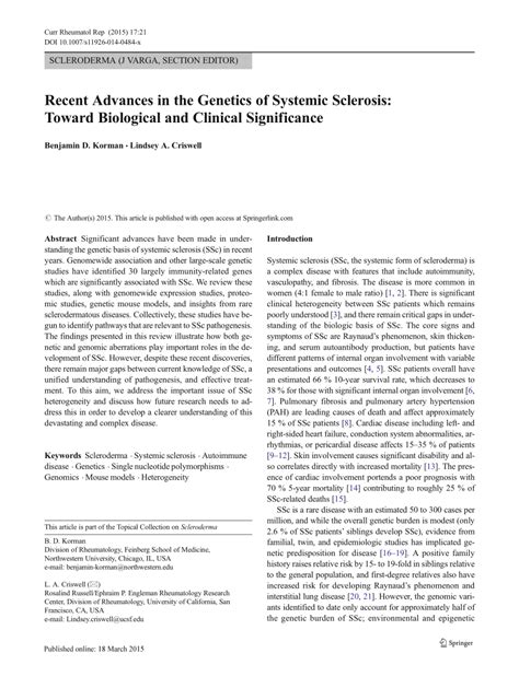 Pdf Recent Advances In The Genetics Of Systemic Sclerosis Toward Biological And Clinical