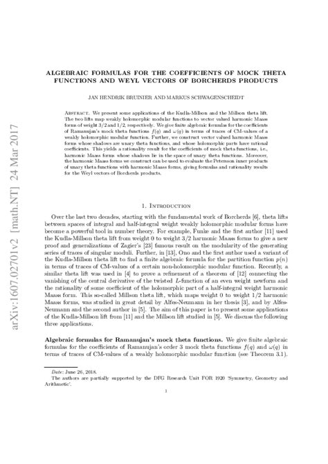 Pdf Algebraic Formulas For The Coefficients Of Mock Theta Functions And Weyl Vectors Of
