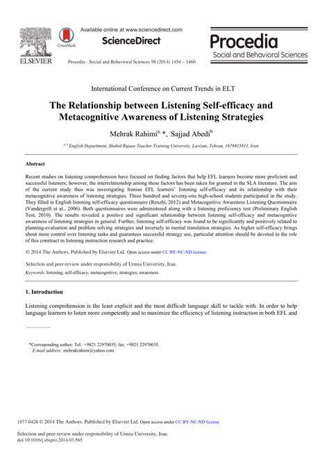 Pdf The Relationship Between Listening Self Efficacy And Metacognitive Awareness Of Listening
