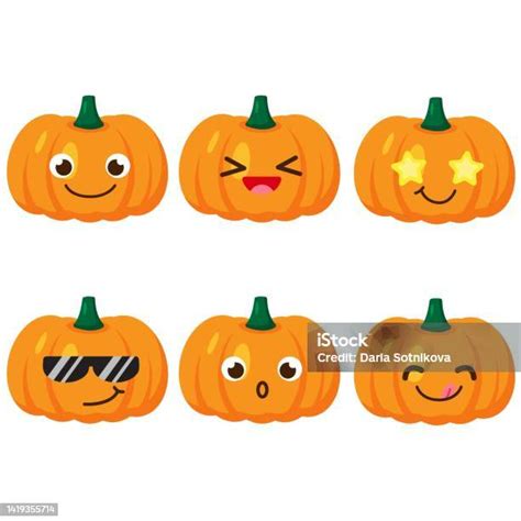 호박 이모티콘 세트 카와이 스타일 아이콘 야채 캐릭터 만화 플랫 스타일의 벡터 일러스트레이션 재미있는 미소 또는 이모티콘 세트 좋은 영양과 채식주의 자 개념 어린이를 위한