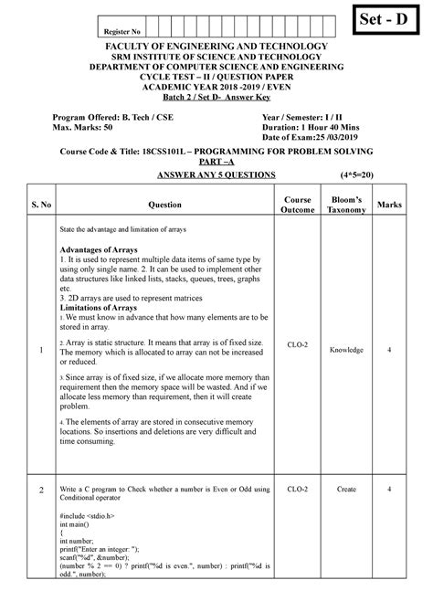 Ct Ii Set D Answer Key Set D Register No Faculty Of Engineering And Technology Srm Institute