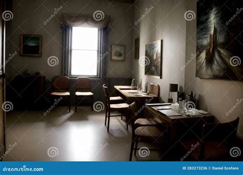 A Dimly Lit Room With A Table And Chairs Generative Ai Stock Illustration Illustration Of