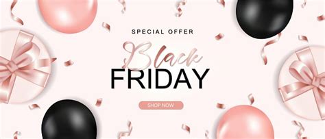 블랙 프라이데이 수평 판매 배너 현실적인 광택 풍선 선물 상자 및 분홍색 배경에 리본 텍스트 벡터 일러스트 레이 션 금요일에