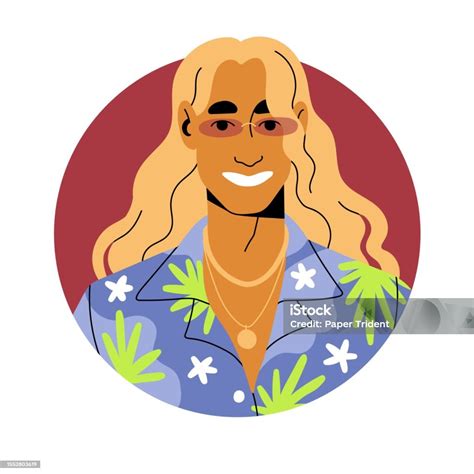 긴 머리 얼굴 아바타를 가진 패션 남자 선글라스 하와이안 셔츠 액세서리를 입은 현대적인 트렌디한 멋진 젊은 남자 동그랗게 뻗은