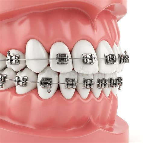Close Up Of Teeth With Metal Braces On A Dental Model Stock