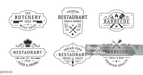 레스토랑 비즈니스를 위한 빈티지 힙스터 로고 템플릿입니다 도살장 바비큐 및 레스토랑 엠블럼 템플릿 포크 나이프 요리사 모자 요리 아이콘 벡터 일러스트 레이 션 프레임에 대한