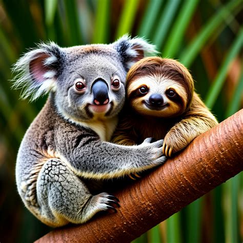 Cute Koala And Cute Sloth Hugging On A Palm Tree Branch Beautiful Fur