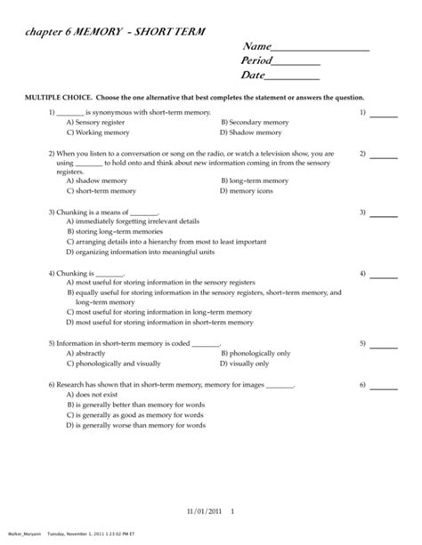 Short Term Memory Quiz Definitions Capacity And Processes