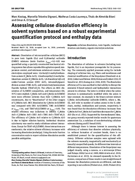 Pdf Assessing Cellulose Dissolution Efficiency In Solvent Systems Based On A Robust
