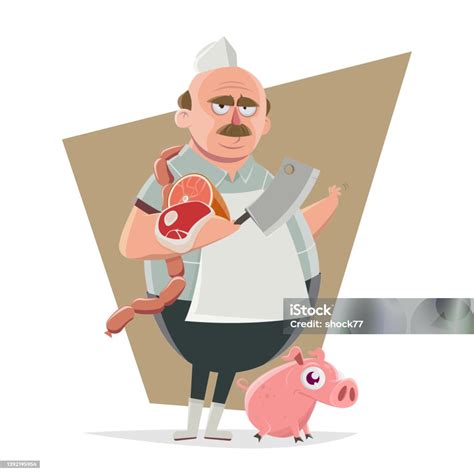 고기 소시지와 돼지가있는 심술 궂은 정육점의 재미있는 만화 삽화 정육점 주인에 대한 스톡 벡터 아트 및 기타 이미지 정육점 주인 정육점 만화 Istock