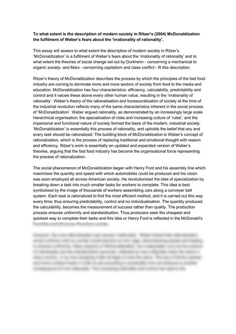 To What Extent Is The Description Of Modern Society In Ritzers 2004 Mcdonaldization The