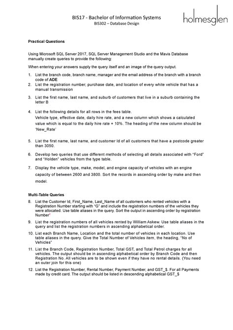 sql review questions bis17 bachelor of information systems bis302 database design