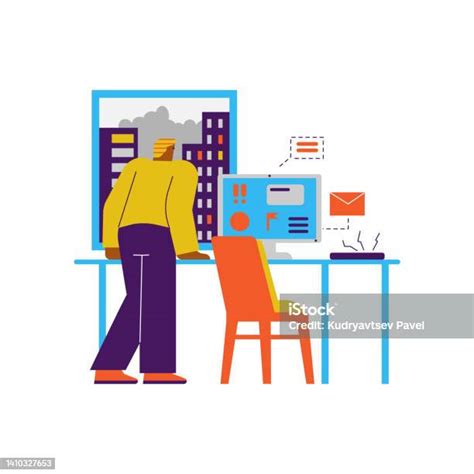 작업 중에 창 밖을 바라 보는 남연 개념 흰색에 고립 된 플랫 벡터 일러스트레이션 남자에 대한 스톡 벡터 아트 및 기타 이미지