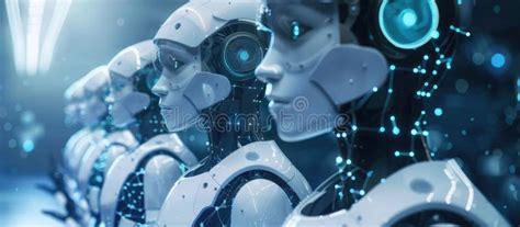 Futuristic Robots Are Analyzing Data On Digital Screens In A Hightech Control Room Aig62 Stock