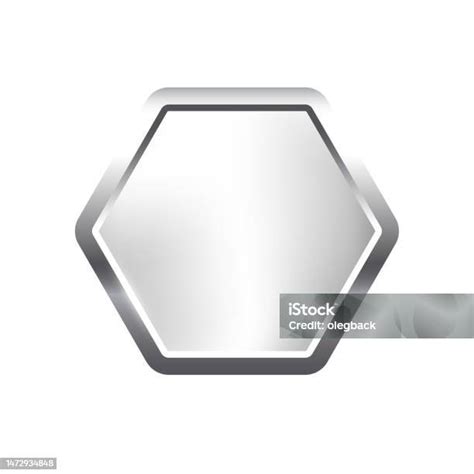 프레임 벡터 그림이 있는 실버 육각형 단추입니다 빈 엠블럼 메달 또는 배지를 위한 3d 스틸 광택 우아한 디자인 흰색 배경에 격리된 플레이트에 반짝이는 그라데이션 조명 효과