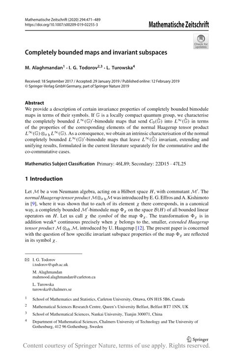 Completely Bounded Maps And Invariant Subspaces Request Pdf