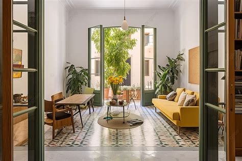 A Door With An Open Front Leads To A Room Filled With Furniture