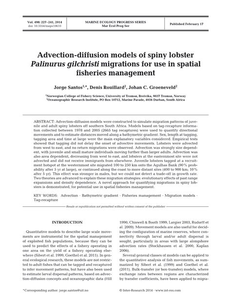 Advection Diffusion Models Of Spiny Lobster Palinurus Gilchristi Migrations For Use In Spatial