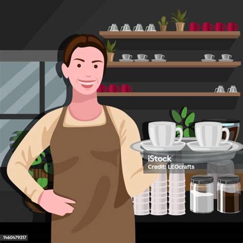 커피 카페 소규모 비즈니스 개념에서 미소로 커피를 제공하는 아름다운 젊은 여성 바리스타 비즈니스에 대한 스톡 벡터 아트 및 기타