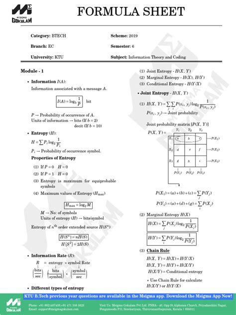 5btasoinformation Theory And Coding Formula Sheet Download Free Pdf