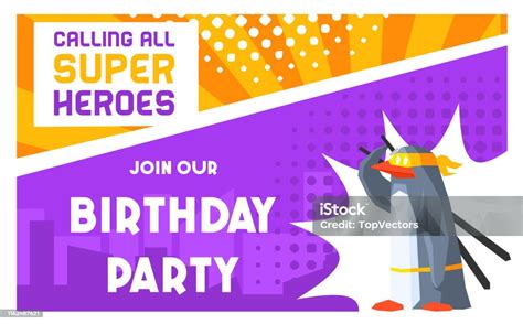 슈퍼 히어로 생일 파티 배너 템플릿 슈퍼 히어로 의상과 마스크 생일 초대장 카드 포스터 전단지 벡터 일러스트레이터의 귀여운 재미