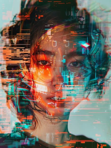 Digital Glitch Portrait Noisy Glitched Face Premium Ai Generated Image