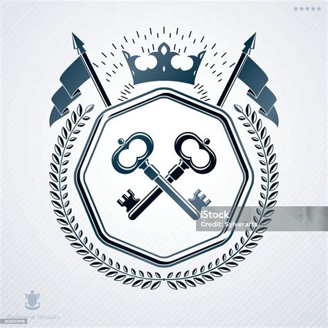 벡터 빈티지 문장 학 팔의 외 투 수상 디자인에서 만든 및 키를 사용 하 여 군주 크라운 장식 0명에 대한 스톡 벡터 아트 및 기타 이미지 Istock