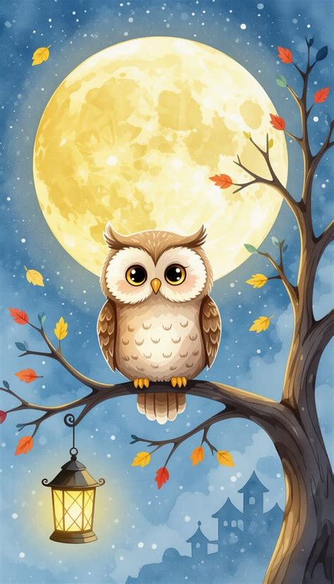 An Illustration Of A Little Owl 🦉 In A Tree With A Full Moon Behind It