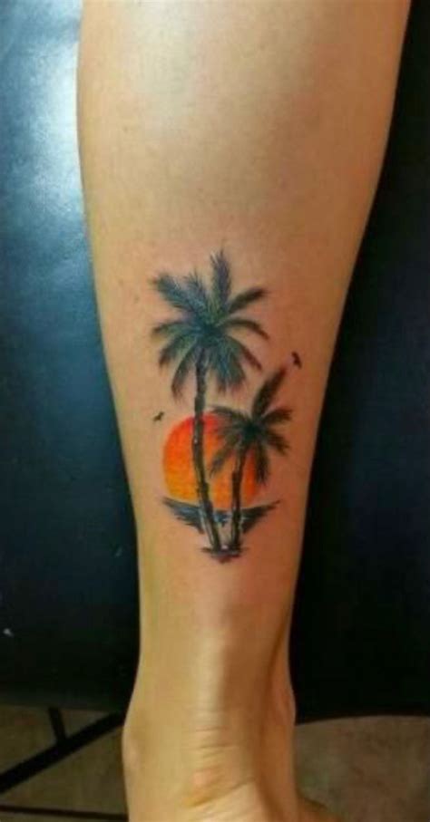 Sunset Tree Tattoos Sunset With Palm Trees On The Back Of The Leg