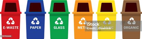 색상 코드가 있는 최신 쓰레기 또는 재활용 쓰레기통 세트 전자폐기물에 대한 스톡 벡터 아트 및 기타 이미지 전자폐기물 퇴비 갈색 Istock