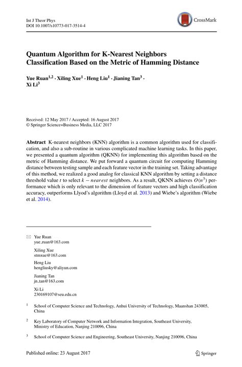 Pdf Quantum Algorithm For K Nearest Neighbors Classification Based On