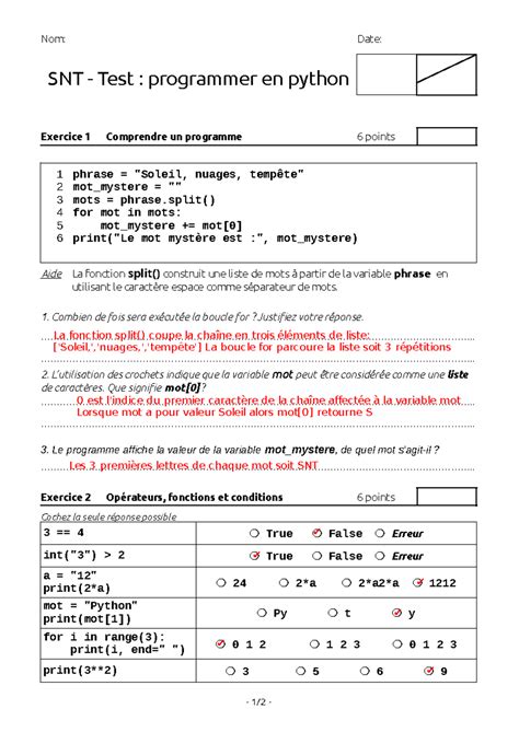 Ancien Test Python Corrigé Nom Date Snt Test Programmer En Python Exercice 1 Comprendre