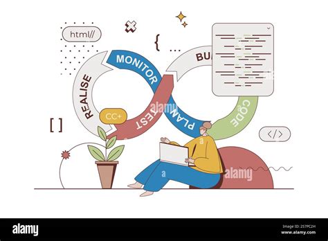 Devops Concept With Character Situation In Flat Design Woman Developer Working On Project