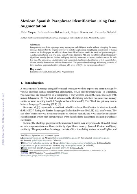 Pdf Mexican Spanish Paraphrase Identification Using Data Augmentation