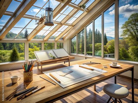 Architects Workspace With Drafting Table Ruler Pencil And Tracing Paper Featuring Detailed