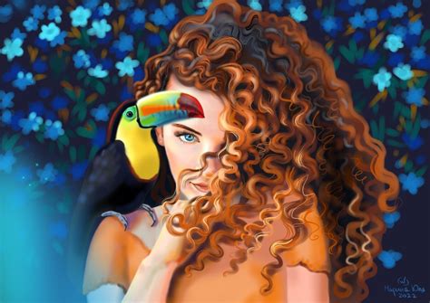 Иллюстрация Девушка с туканом в стиле 3d живопись реализм