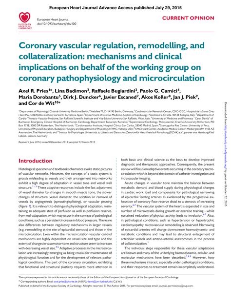 Pdf Coronary Vascular Regulation Remodelling And Collateralization