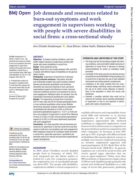 PDF Job Demands And Resources Related To Burn Out Symptoms And Work Engagement In Supervisors