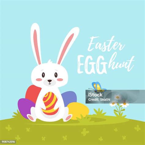 다채로운 계란의 더미와 함께 풀밭에 앉아 귀여운 토끼 부활절 날 인사말 카드의 벡터 만화 스타일의 일러스트 부활절 달걀 사냥