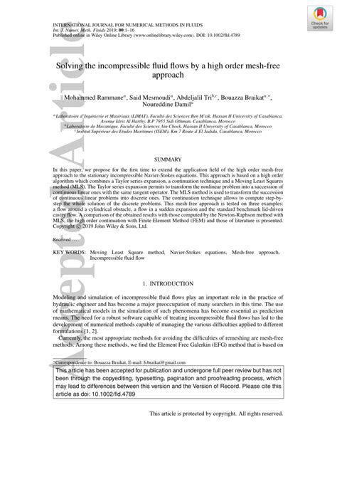 Pdf Solving The Incompressible Fluid Flows By A High Order Mesh‐free Approach