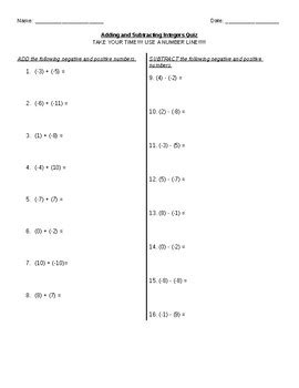 Adding Subtracting Integers Quiz By Schmidt Special Ed TPT