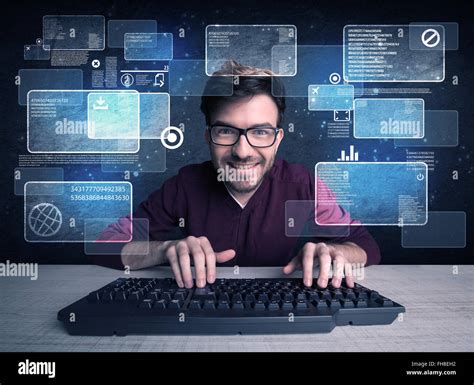 Nerd With Glasses Hacking Websites Stock Photo Alamy
